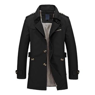 Generic Trench-coat pour homme avec revers cranté court à simple boutonnage coupe-vent veste mi-longue Trench Coat Business Manteau, Noir, 5XL