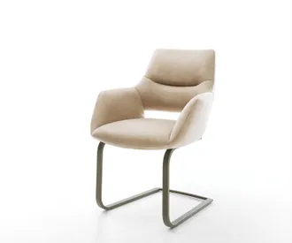 DELIFE Freischwinger Yago-Flex mit Armlehnen Mikrofaser Beige Vintage Freischwinger flach Effektfinish Titan Taschenfederkern, Esszimmerst&uuml;hle