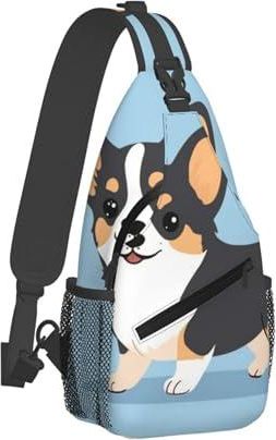 Generic R&eacute;glable Sacoche Homme Bandouliere Adorable chien Corgi tricolore Sling Bag Polyester Sac &agrave; Poitrine pour Homme Femme Randonn&eacute;e