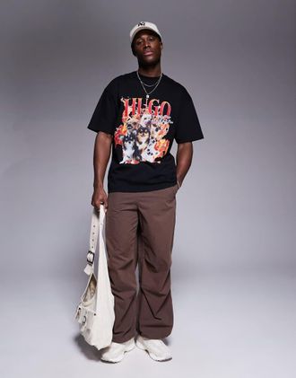 HUGO BOSS HUGO Red - Dugie - T-shirt oversize à logo et chiens imprimés - Noir