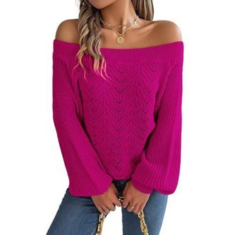 Generic Pull à épaules dénudées pour femme - Décontracté - Coupe ample - Manches lanterne - Pull, rose, M