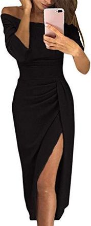 Onsoyours Femme Robe Longue à Manches Courtes Col V Élégante Brillant Cocktail Soirée Robe Fendue C Noir XL