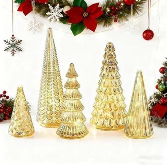 Generic 5 Stück Quecksilberglas Weihnachtsbaum, Beleuchteter Versilbertem Glas Tisch Weihnachtsbaum mit LED-Licht, Batteriebetrieben Leuchtende Gold Silber We
