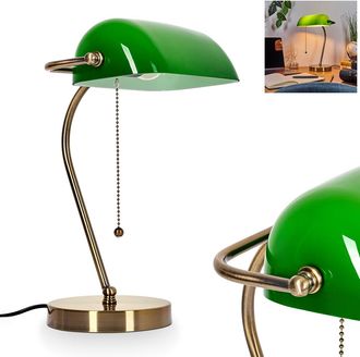 HOFSTEIN Tischleuchte Tremoceira, Tischlampe aus Metall/Glas in Altmessing/Grün/Weiß, traditionelle Bankerlampe, Schreibtischlampe für Büros im Retro/Vintage-D