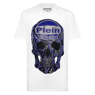 Philipp Plein Homme, Tops, Blanc, Taille: 3XL T-shirt Cr&acirc;ne Strass Col Rond