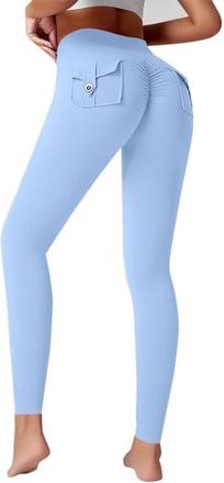 Generic Legging avec effet lifting des fesses pour femme, leggings cargo, pantalon dentra&icirc;nement et de course taille haute avec poches lat&eacute;rales, noir, bleu c