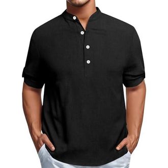 Generic Chemises en lin pour homme - Chemises &agrave; manches courtes en coton et lin pour homme - Polo &agrave; manches courtes - Col en V - Lot long - Blanc - T-shirt de