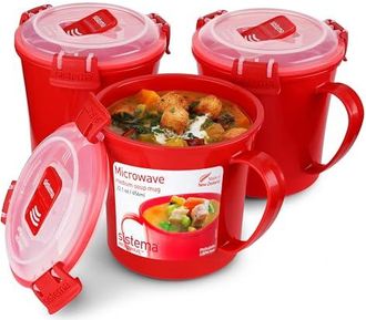 Sistema Microwave Suppentasse, mittelgroß | mikrowellenfeste Frischhaltedose | 656 ml | BPA-frei | rot | 3 Stück