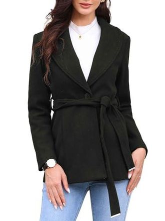 Allegra K Manteau &agrave; simple boutonnage pour femme, col ch&acirc;le, coupe trap&egrave;ze, veste dhiver, trench-coat avec ceinture, Noir, S