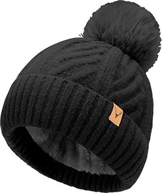 Neola Bonnet dhiver pour femme - Bonnet doubl&eacute; en polaire doux et chaud avec pompon amovible en fausse fourrure pour sports de plein air, ski, Noir a, M