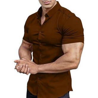Generic Chemise habill&eacute;e coupe ajust&eacute;e pour homme, chemise daffaires &agrave; manches courtes, couleur unie, chemises formelles grande taille, hauts boutonn&eacute;s, haut 