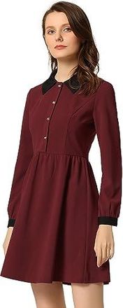Allegra K Robe Courte trapèze à Manches Longues avec col Claudine Vintage pour Femmes Bordeaux L