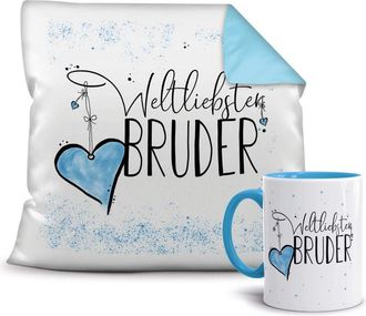 Tassendruck Geschenkset für den Weltbesten Bruder - Tasse und Kissen - Himmelblau/Verwandte/Geschenk-Idee/Liebling/Familie