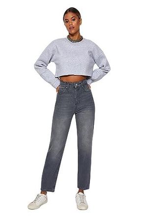 Trendyol Damen Gerade Mama Hohe Taille Jeans, Gray, 36 aux Femmes