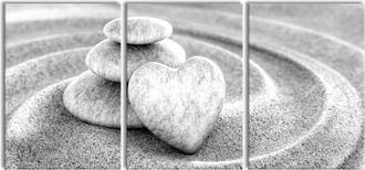 Pixxprint Steinturm mit Herz in Sandwellen, Monochrome, XXL Leinwandbild in Übergröße 210x100cm Gesamtmaß 3 teilig, Wandbild, Kunstdruck