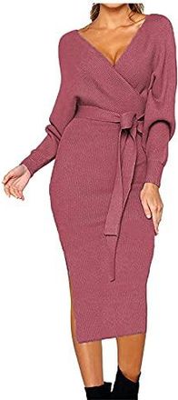 Generic Robe &agrave; manches longues et col en V avec ceinture pour femme, rose, XXL