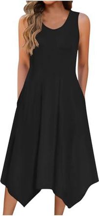 Generic Robe débardeur décontractée sans manches pour femme - Robe dété fluide évasée pour femme - Robe dété mi-longue avec poches et ourlet mouchoir - Comman