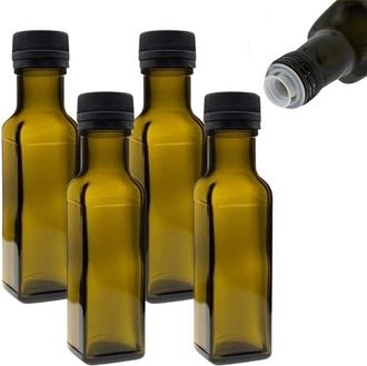 mikken Art 4x Ölflasche 100ml mit Ausgiesser grün/braune Glasflaschen Ölspender inkl. Etiketten