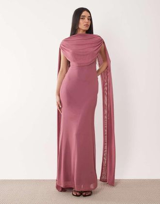 Asos Drapiertes Netzstoff-Maxikleid in Zartrosa mit Cape-Detail