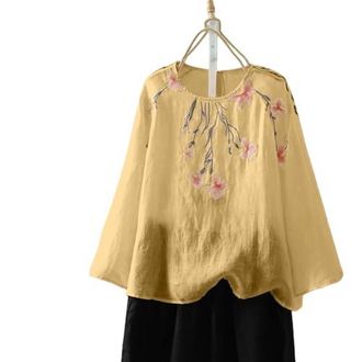 Generic Chemise Femmes Coton Et Lin Grande Taille D&eacute;contract&eacute; Chemisiers Et Blouses D&eacute;t&eacute; Manche Longue Col en V L&acirc;che Hauts L&eacute;gers Respirant Tunic &Agrave; La Mode C