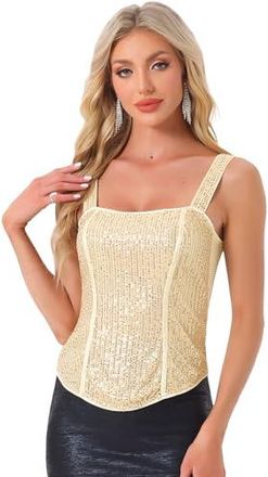 Allegra K D&eacute;bardeurs &agrave; Paillettes Femme Camisole en Sequin Haut Corset Scintillante sans Manches &agrave; Bretelles Top Sexy de Club Or Clair M