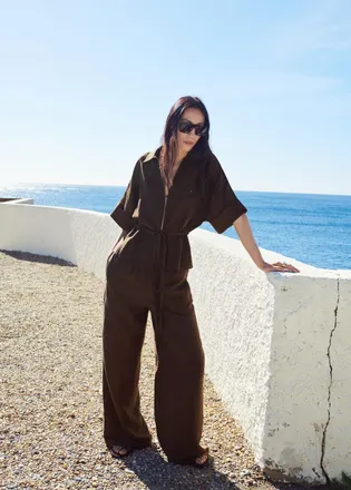 Mango Pantalon palazzo lin marron - Femme - XL - MANGO