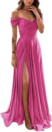 Generic Robe de bal en satin à épaules dénudées avec fente pour adolescentes, robe de demoiselle dhonneur longue plissée, rose vif, 48 Grande taille