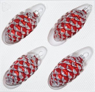 Brand 4 TLG. Glas-Tannenzapfen Set in Classic Rot Silber - Christbaumkugeln - Weihnachtsschmuck-Christbaumschmuck