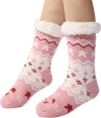 Generic Chaussettes de No&euml;l pelucheuses avec poign&eacute;es confortables pour les vacances dint&eacute;rieur pour femmes (taille unique) haute, rose, taille unique