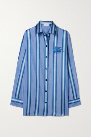 Etro Hemd Aus Einer Gestreiften Baumwoll-seidenmischung Mit Stickerei - Blau
