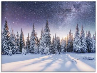 Artland ARTland Wanddeko Glasbilder Wandbild Glas Bild einteilig 80x60 cm Querformat Winterlandschaft Wald Tannenbaum Natur Sternenhimmel Winter U1TO