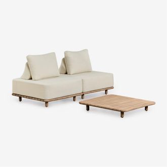 Sklum Gartenset mit 2-teiliger modularer Sofa und Couchtisch 95x95 cm in Akazie Portet Gardenia Wei&szlig;