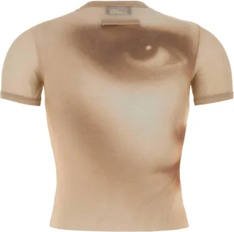 Jean Paul Gaultier Womens Mesh Baby Tee Printed Face Beige T-Shirt T-shirts And Polos