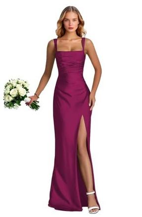 Generic Robe de demoiselle dhonneur en satin pour femme - Robe de bal sir&egrave;ne - Bretelles spaghetti - Corset long pliss&eacute; - Robe de soir&eacute;e formelle avec fente, 