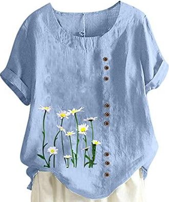 Generic Hauts en lin à col rond pour juniors automne été manches courtes marguerites floral coupe ample hauts longs chemisiers femmes 2024, T-329 Bleu roi cla