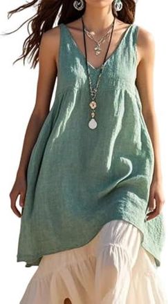 Generic Robe de Plage d&eacute;contract&eacute;e en Coton et Lin &agrave; col en V, Robe sans Manches &agrave; Cols en V pour Femme, Robes Longue d&eacute;t&eacute; d&eacute;contract&eacute;e et Ample &agrave; col en V (G
