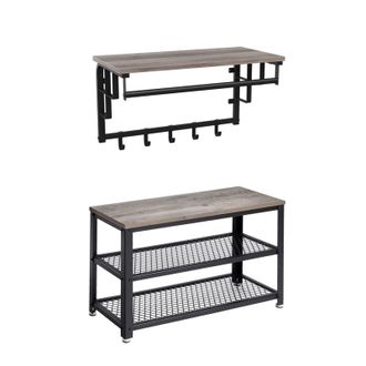 Vasagle Schuhbank, Wandgarderobe, Schuhregal mit Sitzfl&auml;che und 2 Ablagen, Wandregal mit Kleiderstange und 5 abnehmbaren Haken, f&uuml;r Flur, Schlafzimmer, Wohnzi