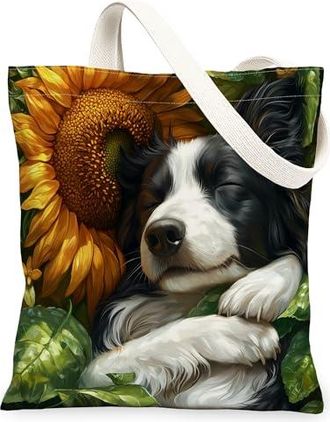 Generic Sac fourre-tout en toile motif chien border collie printanier 33 x 38,1 cm, sac d&eacute;picerie r&eacute;utilisable pour femme, peinture esth&eacute;tique, d&eacute;coration cad