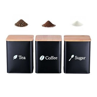 Relaxdays Vorratsdosen, 3er Set, Kaffee, Tee, Zucker, Metall, Bambusdeckel, HBT: 15x11x11 cm, K&uuml;chendose, schwarz/Natur