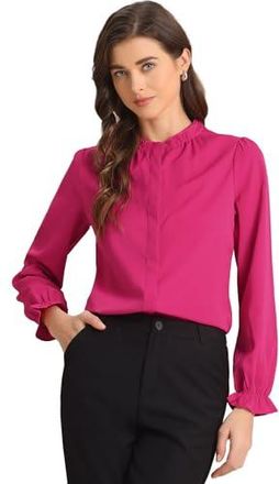 Allegra K Femmes Travail Bureau Boutonné Col Montant à Volants Bordure Manche Longue Chemisier Rose Vif XS