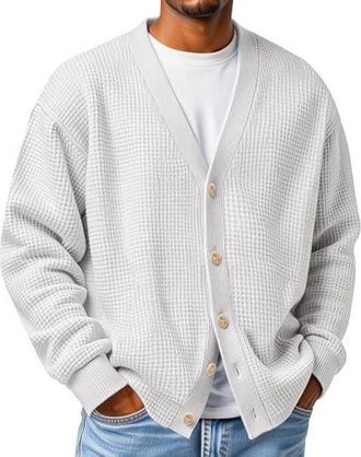 Generic Cardigan d&eacute;contract&eacute; et ample en tricot torsad&eacute; avec col en V et col en V pour homme, l&eacute;ger, blanc, 4XL