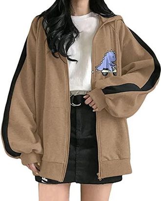 Generic Vestes d&eacute;contract&eacute;es &agrave; capuche pour femmes 2026 avec fermeture &eacute;clair et poche &agrave; cordon de serrage imprim&eacute; dinosaure, kaki, L