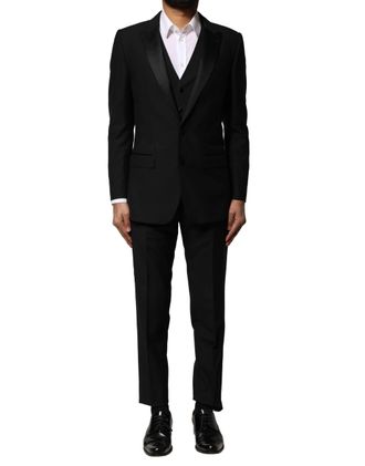 Dolce & Gabbana Mens Black Wool 3 Piece Single Breasted Suit Virgin Silk Polyester