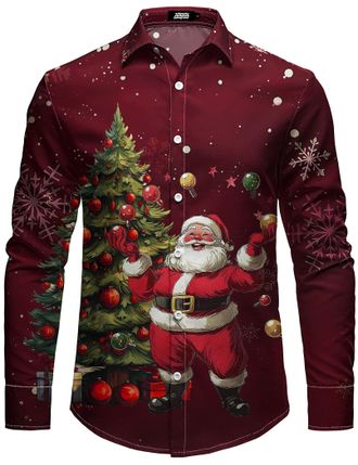 JOGAL Herren Weihnachten Hemd Button Down Langarm Weihnachtshemd Lustige Christmas Thanksgiving Print Shirt WineredXmas X-Large