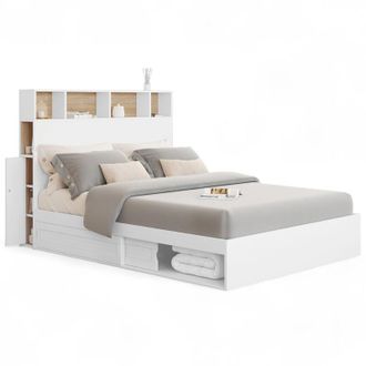 IDMarket Idmarket - Lit double clem avec t&ecirc;te de lit, rangements et sommier 140 x 190 cm blanc