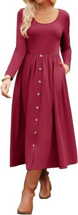 Grace Karin Robe midi d&eacute;contract&eacute;e dhiver pour femme &agrave; col en U &agrave; manches longues coupe trap&egrave;ze avec boutons, Bordeaux, XL