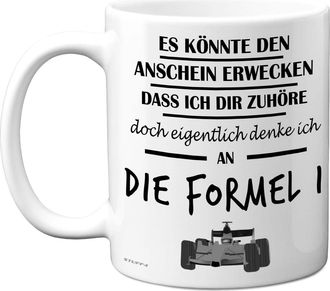 Stuff4 Formel-1-Geschenke - Eigentlich Denke Ich an die Formel 1 - Lustige F1-Tasse, Geschenke für F1-Fans, Formel-1-Präsente, 325 ml Premium-Keramiktasse, s