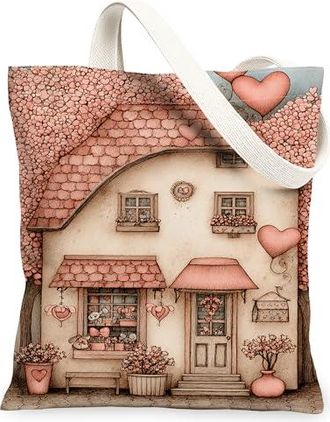 Generic Sac fourre-tout romantique en toile vintage, motif floral coeur, sac de courses r&eacute;utilisable, l&eacute;ger et lavable, p&ecirc;che, 13x15 Inch