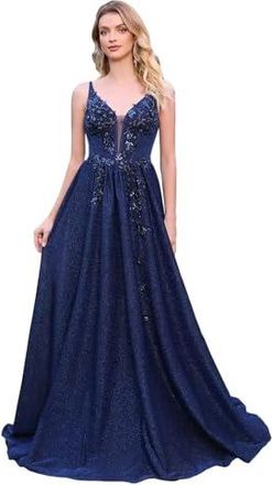 MisShow Robe Femme Longue Brillantes A-Linge pour Soirée Cocktail Mariage Robe de Gala Longue en Mousseline avec Perles Paillettes Bleu Marine 34