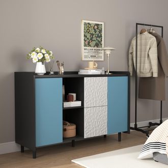 Generic HUQIQWE Sideboard Schwarz Mit Blauen T&uuml;ren 2 Schubladen Offene F&auml;cher Buffetschrank MDF 120x40x80 K&uuml;chenbuffet Anrichte Als Kaffeebar Aufbewahrungssch